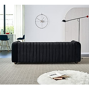 Melpomene Vertical Channel Tufted Velvet Sofa with Round Arm and Gold Metal Legs,Armrest 84.25" W（Black）