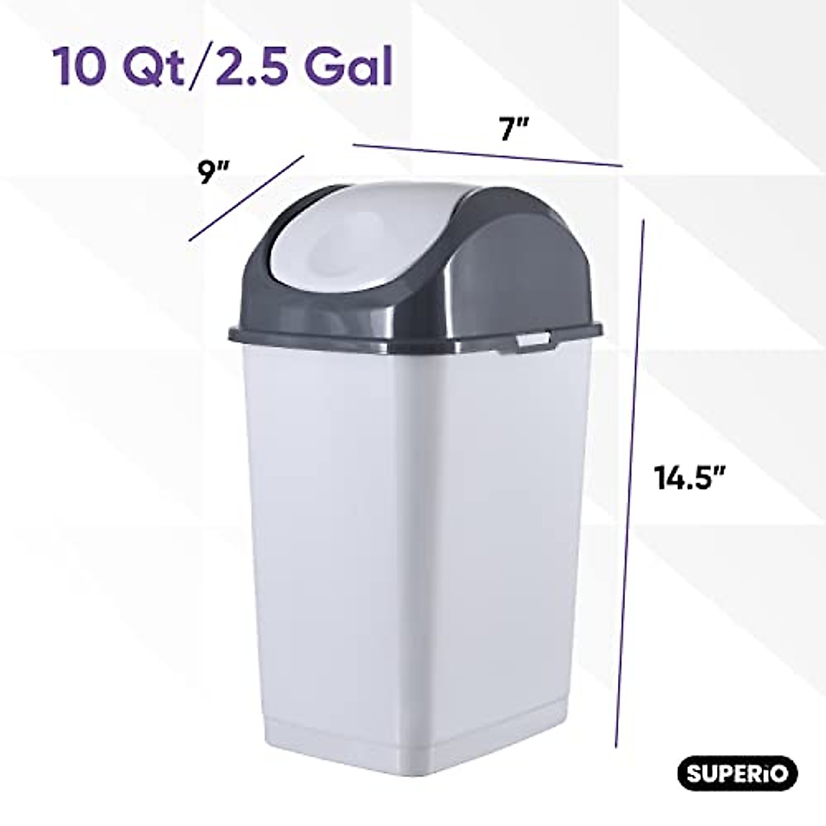 Superio Swing Top Trash Can, Waste Bin for Home, Kitchen, Office, Bedroom, Bathroom, Ideal for Large and Small Spaces - White Smoke (4 Pack- 2.5 Gal, 9 Gal, 13 Gal)