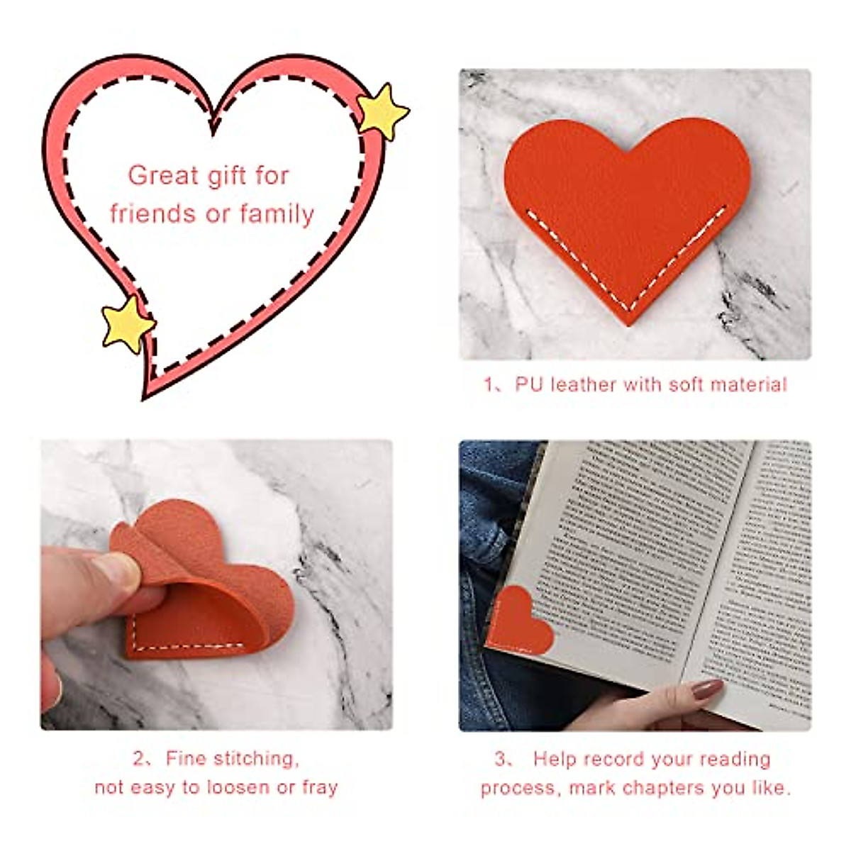 6Pcs Leather Heart Bookmark, 6x5cm/2.4x1.96inch Corner Bookmarks Cute Bookmark Handmade Heart Bookmark Accessories for Women Book Lovers Present (Multicolored Color)