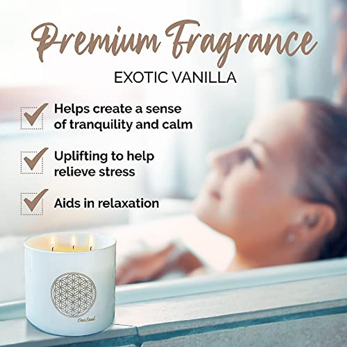 Large Exotic Spiced Vanilla Candle, Scented Candles for Home, Hand-Poured Aromatherapy 3 Wick Candle for Gift with Flower of Life Design, 50-Hour Burn Time, 14oz OneSoul Collection