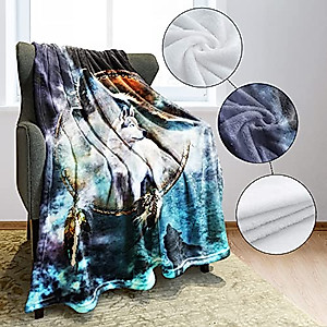 HommomH 60" x 80" Blanket Comfort Cozy Soft Warm Throw One Sides Bidding Dreamcatcher Cool Wolf Howling Moon Animal