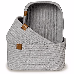 DENJA & CO Decorative Storage Basket Organizer Set of 3 - Woven Cotton Rope Baskets for Bathroom Storage - Nursery Organization Baskets for Toys, Books, Diapers - Rectangle Basket Set for Home Decor - Light Gray