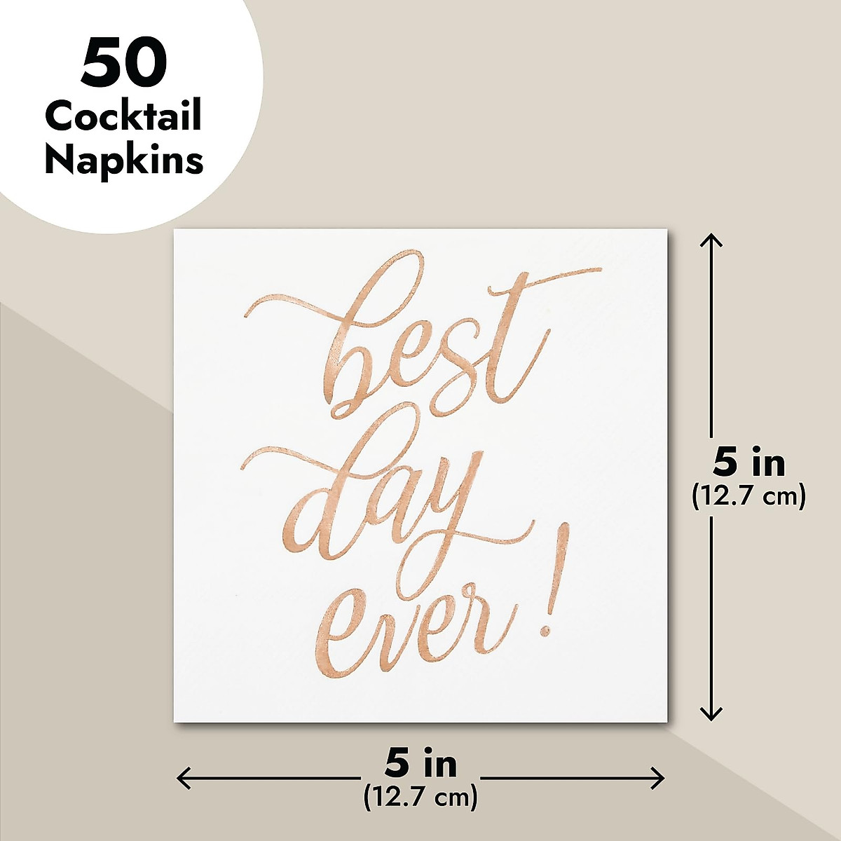 BLUE PANDA 50-Pack Best Day Ever Napkins - Disposable Napkins for Wedding Reception, Bridal Shower, Engagement Party (Rose Gold, 5x5 In)