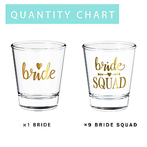 LADY & HOME Bride and Bride Squad Bachelorette Party Shot Glasses-2.5oz,Set of 10,1 Bride and 9 Bride Squad Shot Glasses,Perfect Bridesmaid Gifts for Women and Bachelorette Party Favors (Squad)