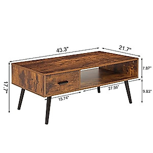 Iwell Mid Century Coffee Table with Drawer and Storage Shelf for Living Room, Wood Cocktail Table, Accent TV Table for Reception Room/Office, Easy to Assemble, Rustic Brown