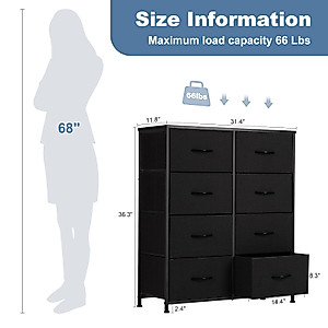 Dresser for Bedroom, Tall Storage Drawers, Fabric Storage Tower with 8 Drawers, Chest of Drawers with Fabric Bins, Sturdy Metal Frame, Wood Tabletop for Kids room, Closet, Entryway, Nursery, Black
