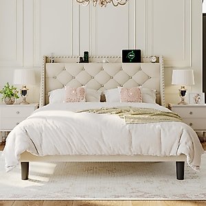 Einhomn Full Size Bed Frame with Wingback Button Tufted Storage Headboard and Type AC Ports, Upholstered Platform Bed, Wooden Slats Support, No Box Spring Needed, Noise-Free, Beige