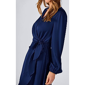PRETTYGARDEN Women's 2023 Fall Dresses Casual Long Sleeve Wrap V Neck Maxi Dress High Low Wedding Guest Dress Ruffle Hem (Navy,Large)