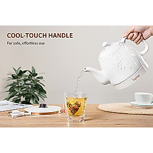Toptier Electric Ceramic Tea Kettle, Boil Water Quickly and Easily, Detachable Swivel Base & Boil Dry Protection, Carefree Auto Shut Off, 1 L, White Leaf