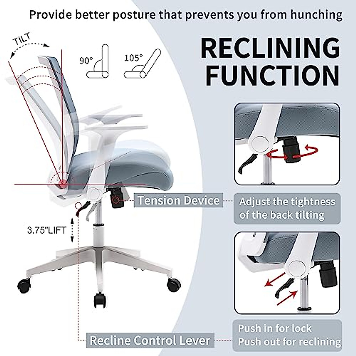 H HAILIBO Office Chair, Mesh Back Desk Chair, Swivel Ergonomic Computer Chair with Flip-Up Arms and Adjustable Height (Light Blue)
