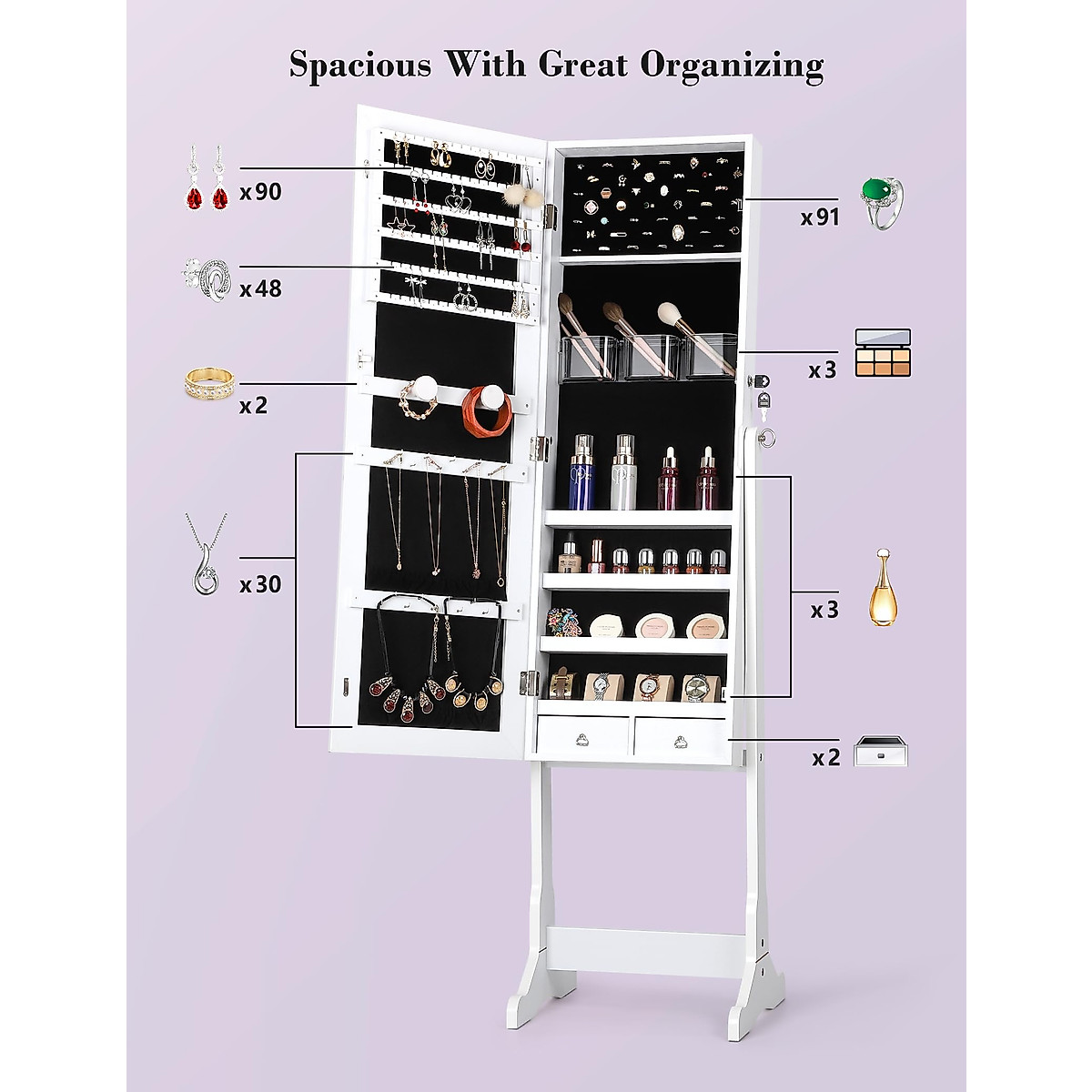 Nicetree Jewelry Cabinet with Full-Length Mirror, Standing Lockable Jewelry Armoire Mirror Organizer, 3 Angel Adjustable, White