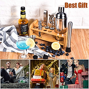 Esmula Bartender Kit with Stylish Bamboo Stand, 12 Piece Cocktail Shaker Set for Mixed Drink, Professional Stainless Steel Bar Tool Set - Cocktail Recipes Booklet(25 oz)