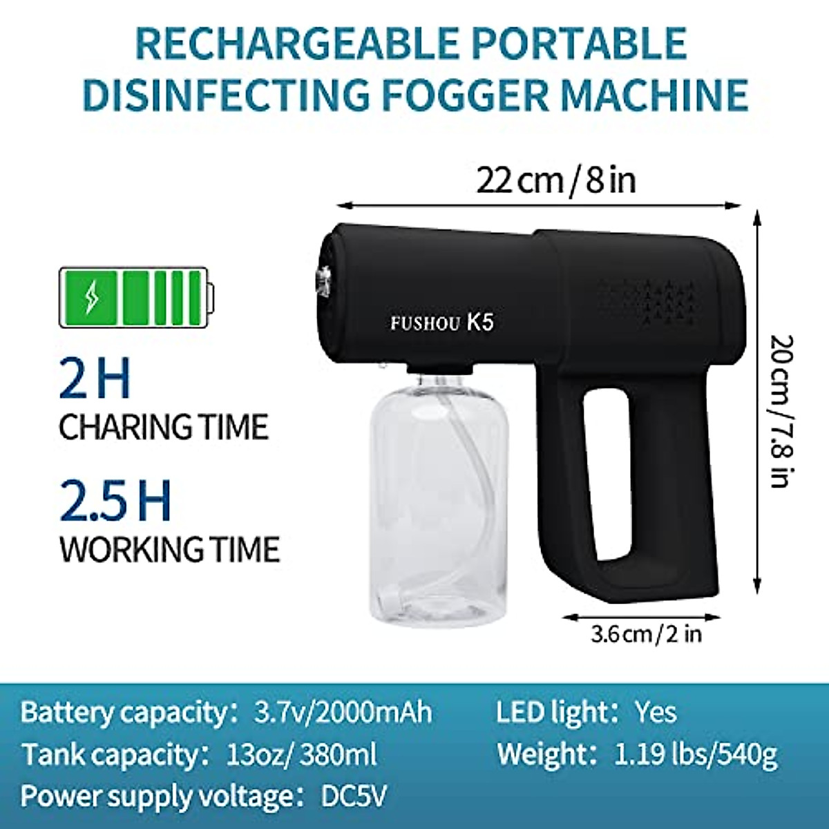 Nano Steam Gun Handheld Electrostatic Sprayer Rechargeable Nano Atomizer, 12 oz Portable Electric Mist Steam Gun for Home，Offoce，School，Garden，Detachable Tank(Black)