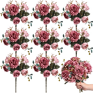 Yunsailing 8 Packs Artificial Peony Flowers Faux Flowers Silk Hydrangea Bouquet Vintage Wedding Home Table Decor Reusable Bouquet of Rose Flowers for Mother's Day Wedding Birthday(Dark Pink, Elegant)