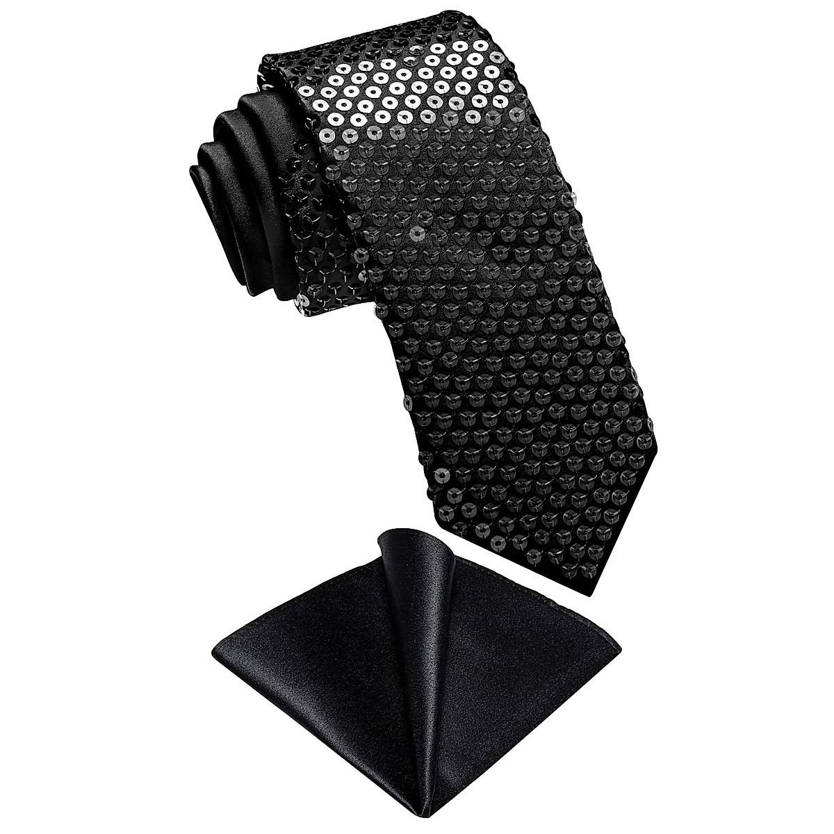 DiBanGu Black Tie Sequin Ties for Men Solid Color Skinny Tie and Pocket Square Set Wedding Party Formal Necktie