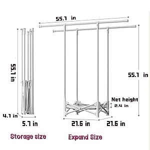 LQDMAER Clothes Drying Rack, Portable Laundry Dryer Rack with Bottom Mesh Pocket, Double Rod Drying Rack Clothing, Portable Collapsible Drying Rack Clothing Indoor Outdoor