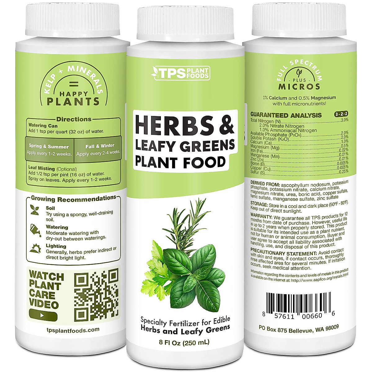 Herb Plant Food for All Edible Herbs, Leafy Greens and Veggies, Liquid Houseplant Fertilizer 8 oz (250mL)