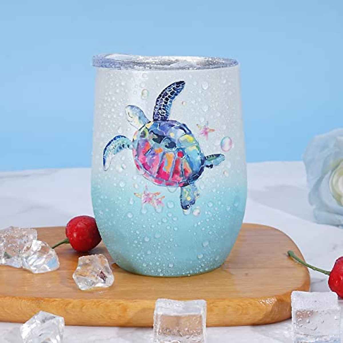 DOUDIZHU Sea Turtle Insulated Glitter Tumbler, Gifts for Friends, Her, Mom Wine Tumbler 12 oz Turtle Stainless Steel Cup with Lid, Birthday Gift for Turtle Lovers Beach Ocean Decor