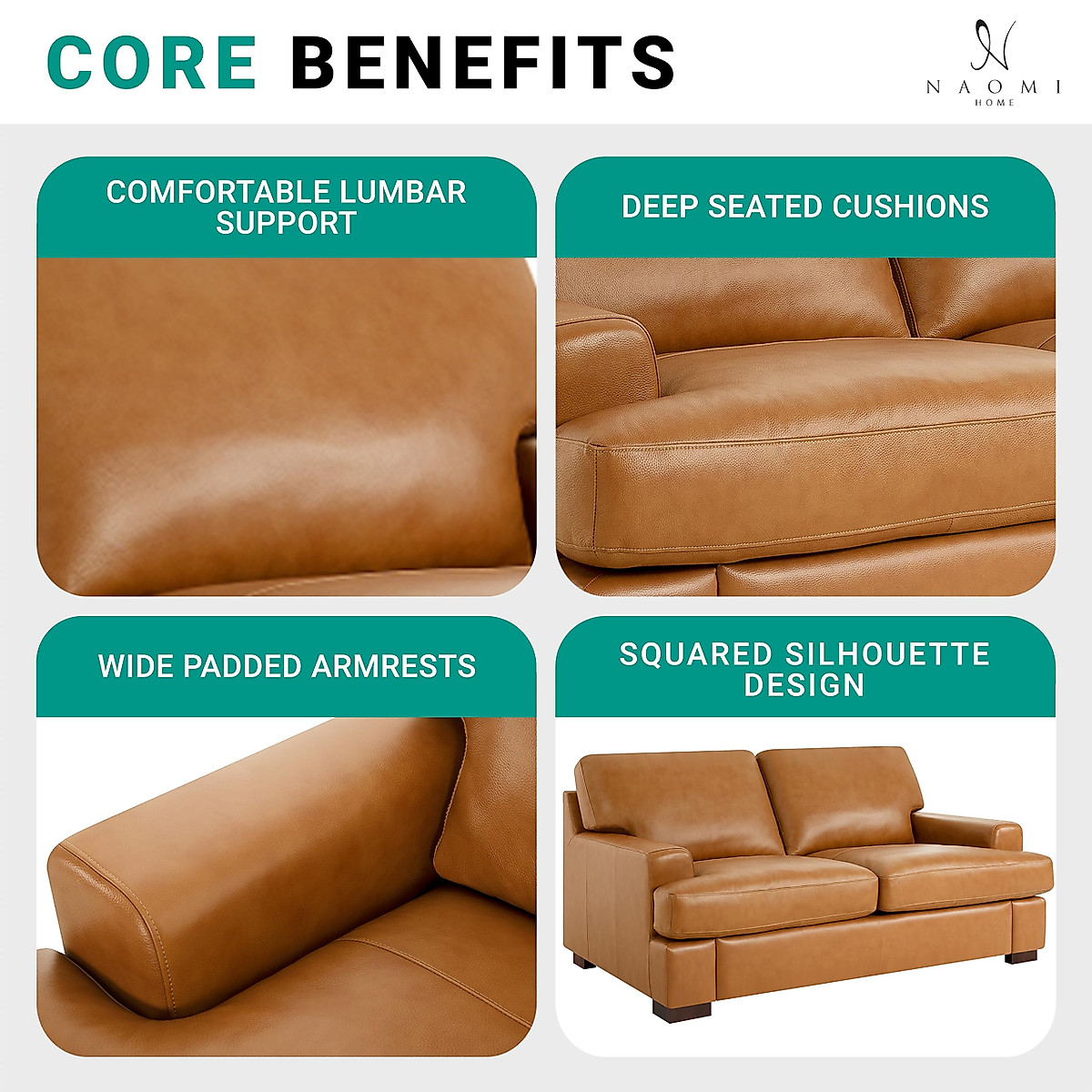 Naomi Home Siggy Genuine Leather Loveseat - Luxurious Comfort, Goose Feather Cushion Filling, Square Arm Design, Sturdy Block Legs, Elegant Tan - Ideal for Living Room, Office, or Bedroom