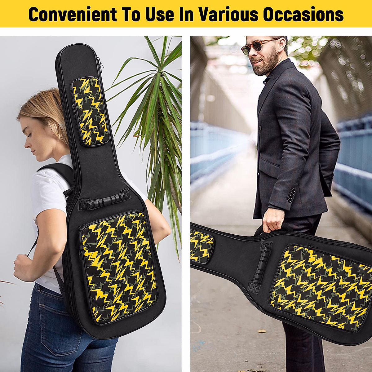 LETSROCK 39 Inch Electric Guitar Bag Case 0.38 inch Thick Padding with Neck Strap Adjustable Shoulder Strap Waterproof Yellow Lightning Shape&Black Electric Guitar Gig Bag