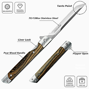 ohmonlyhoo Pocket Knife for Men, 3.5 inch Folding Knife with Wooden Handle and Leather Sheath, Edc ​Tanto Knife for Men and Women