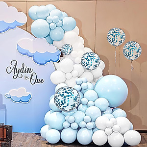 Blue and White Balloons Garland Arch Kit, 124 Pcs 18/12/10/5 Inch Light Blue balloons Matte White Latex Balloons, Pastel Baby Blue Balloons with Blue Confetti Balloons for Birthday Party Decoration