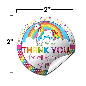 Rainbow Unicorn Roller Skating Themed Thank You Sticker Labels for Kids, 40 2" Party Circle Stickers by AmandaCreation, Great for Party Favors, Envelope Seals & Goodie Bags