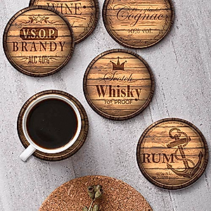 Britimes Set of 6 Coaster for Drinks Absorbent with Cork Base, Metal Holder, Round Wooden Stone Drink Mat for Coffee Wood Table, Gift for Birthday, Farmhouse Housewarming Room Bar Decor Retro 2
