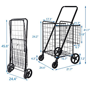 F2C Folding Shopping Cart with Wheels and Double Basket, Grocery Utility Cart Ground Rolling Cart,Collapsible Portable Cart,Compact for Shopping Laundry,Garden, Grocery,Travel, Black¡­