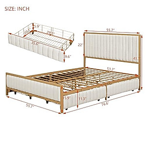 SIYSNKSI Full Size Metal Frame Upholstered Bed with 4 Drawers, Linen Fabric Platform Bed with Metal Slats Support and Headboard, Storage Platform Bed for Kids Teens Bedroom (Beige + Linen-C14)