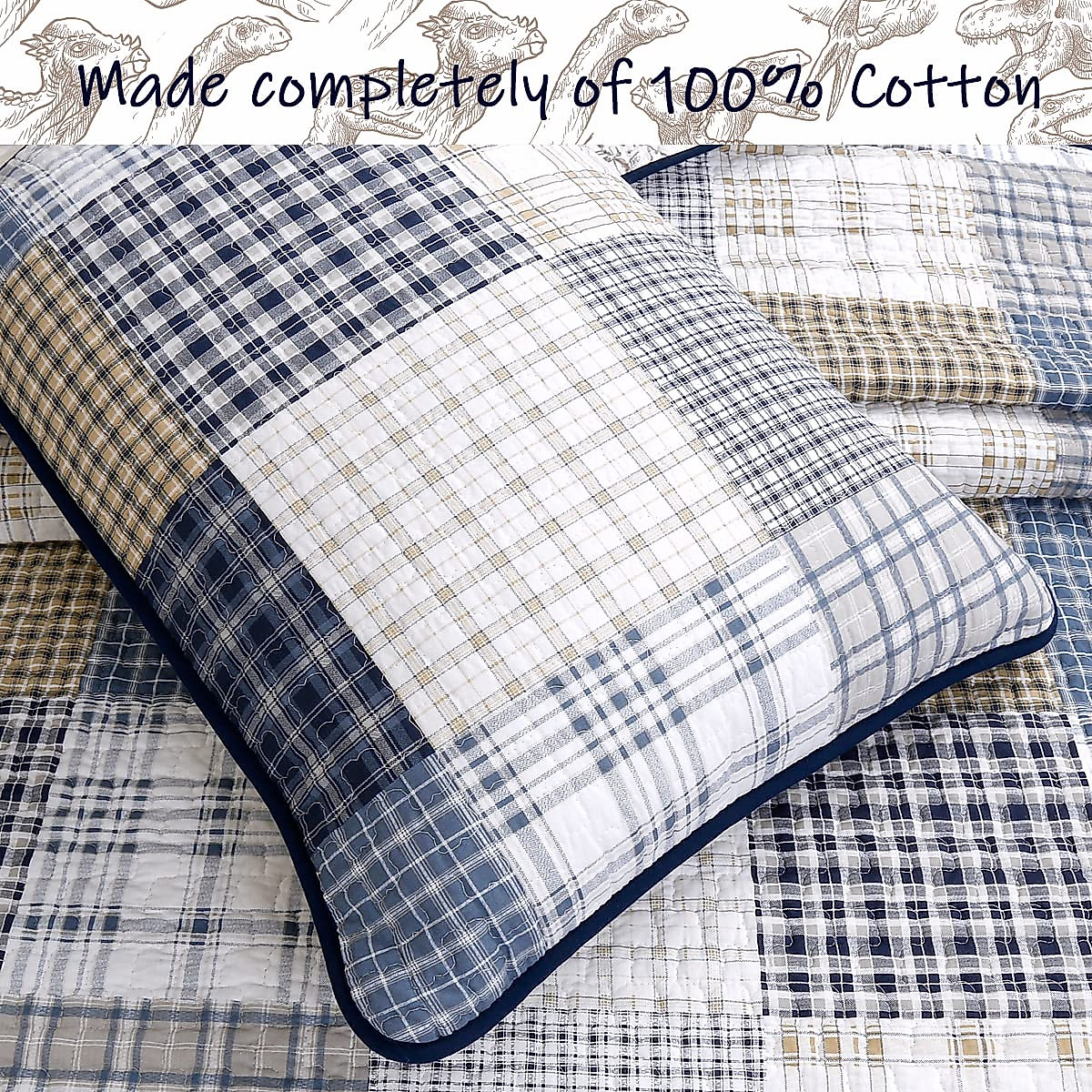 Cozy Line Home Fashions Benjamin Cute Dinosaur Plaid Navy Blue White Grey Bedding Quilt Set 100% Cotton Reversible Coverlet Bedspread Set for Kids Boy(Twin - 2 Piece)