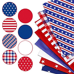 Whaline 8Pcs Patriotic Cotton Fabric Bundles 18 x 22 Inch Red Blue White Star Stripe Fat Quarters 4th of July Quilting Patchwork Squares Sewing Fabrics for DIY Handmade Crafting Home Party Decor
