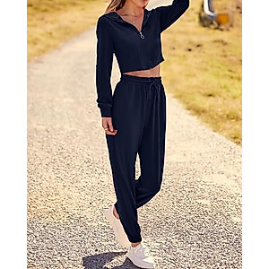 KIRUNDO Women 2 Piece Outfits y2k Fashion Sweat Sets Casual Zip Up Long Sleeve Hoodie Jacket And Sweatpants Work Out Sets (Navy, X-Large)