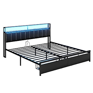 AMERLIFE LED Bed Frame with Drawers, King Platform Bed Frame with 2-Tier Storage & Leather Upholstered & Charging Station Headboard, No Box Spring Needed, Noise Free, Easy Assembly, Black
