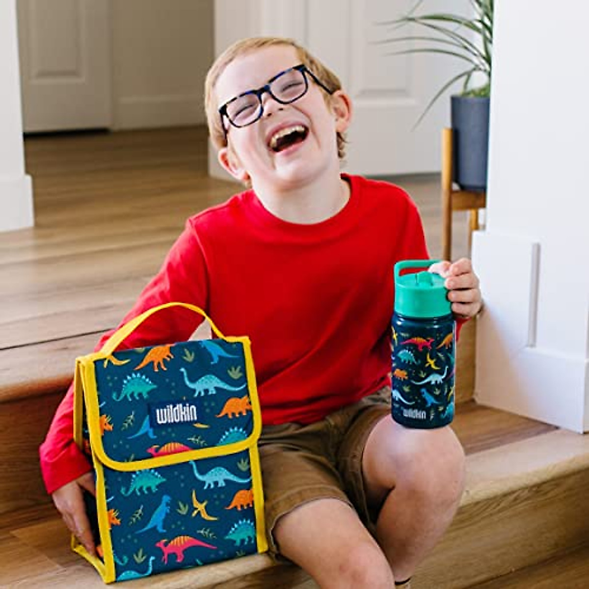 Wildkin Kids Stainless Steel 14 Ounce Water Bottle for Boys & Girls, Perfect for Daycare, School, or Travel, Features Straw Top & Carrying Handle, Easy to Clean Water Bottles (Jurassic Dinosaurs)