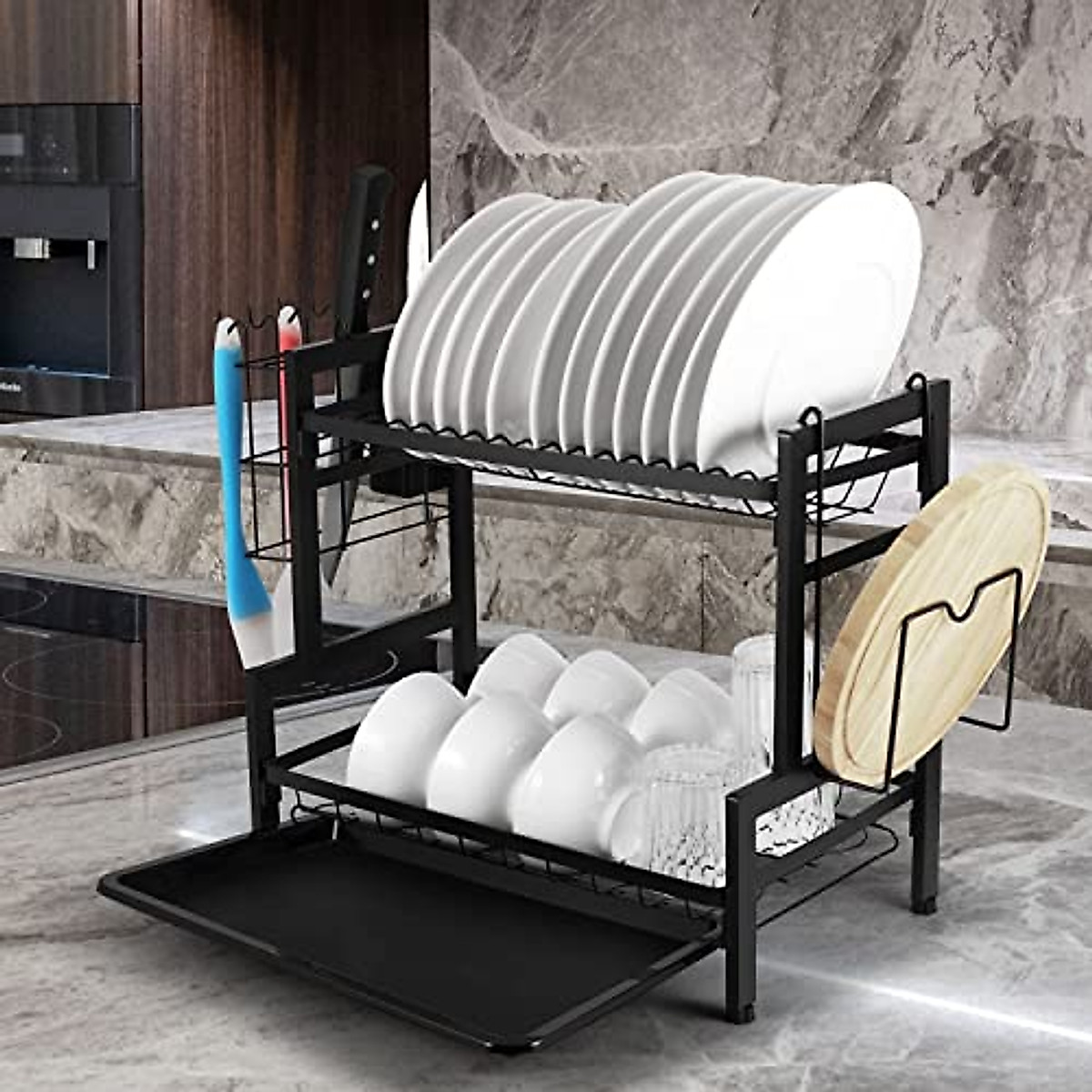 Flexzion 2 Tier Dish Drying Rack Drainboard Set, Kitchen Drying Rack Dish Drainer with Utensil Holder, Cup Hanger, Tray Plate Rack for Kitchen Countertop, Organizer, Storage Accessories, Black