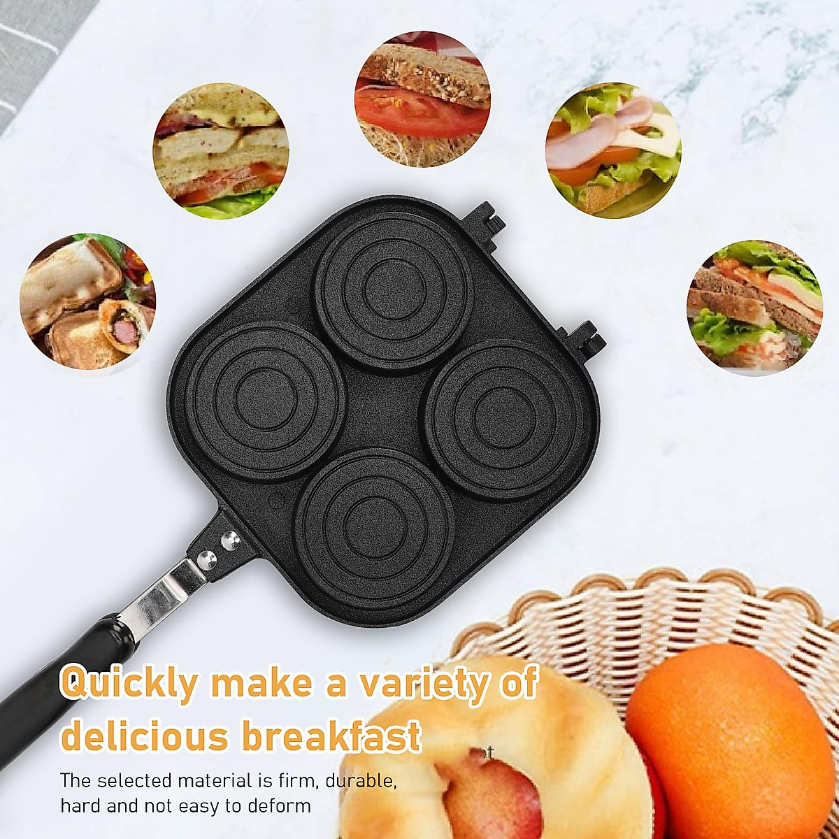 Fockety Double Sided Frying Pan, Sandwich Pancake Pan Non Stick Pan, Easy to Flip Pan with Anti Burn Handle, Grill Pan for Barbecue Grill Pot, Double Pan for Omelets, Wheel Pie Bread Egg