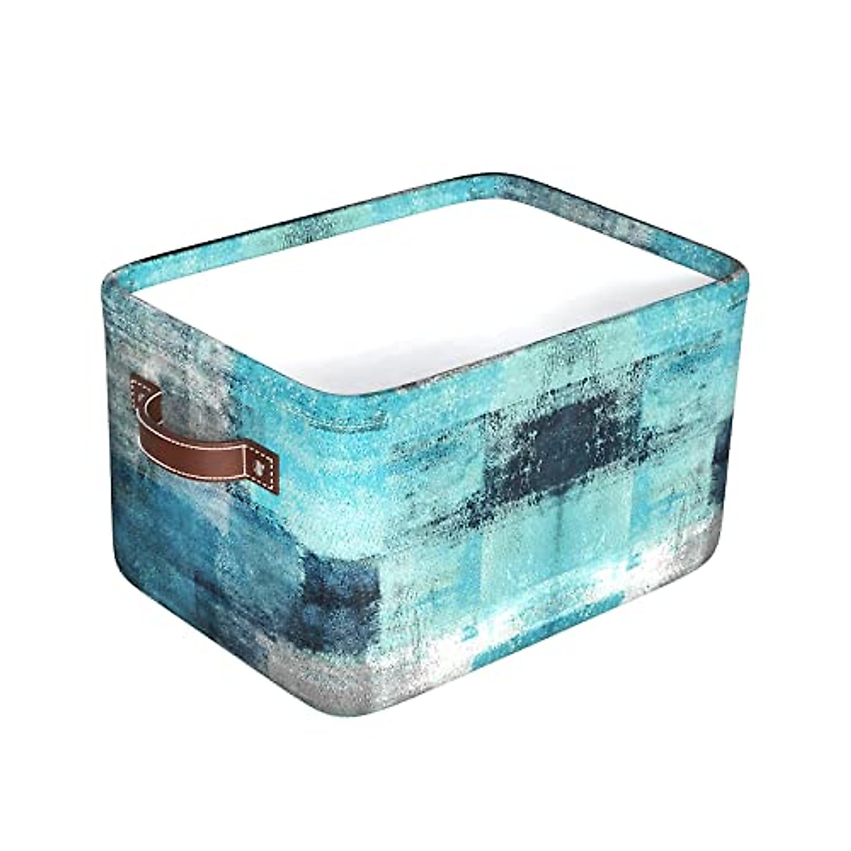 Qumstemily Turquoise Teal Storage Bins for Shelves, Grey Abstract Art Painting Collapsible Storage Box Basket with Handle, Modern Geometric Teal Canvas Hamper Closet Organizers Storage Cubes - 1 Pack