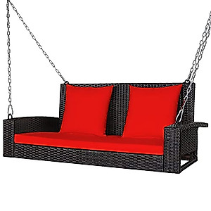 Happygrill 2-Person Porch Swing Bench Outdoor Patio Rattan Swing Chair with Soft Cushions, 7.9ft Reinforced Steel Chain, Solid Steel Frame, Perfect for Backyard, Poolside, Front Porch