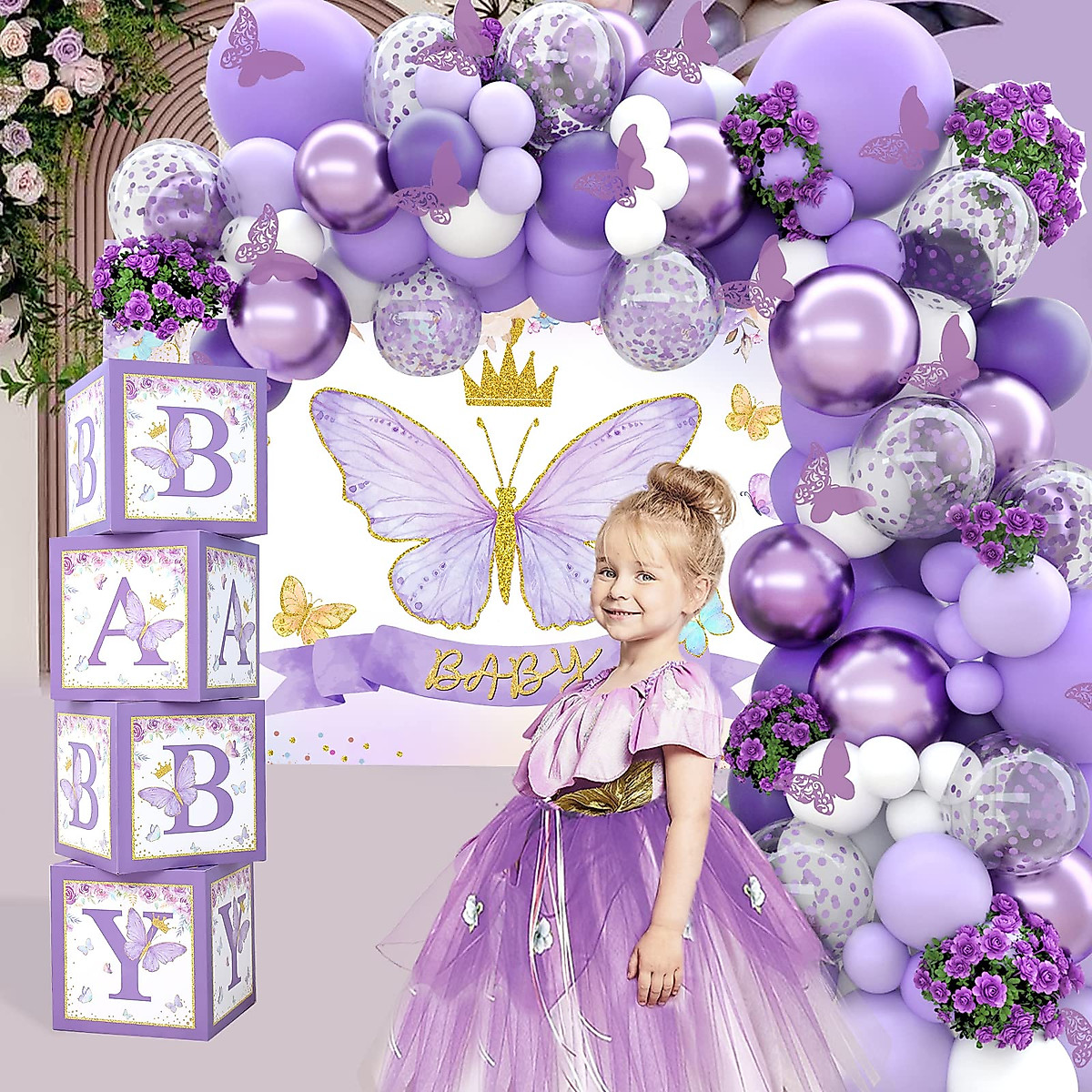 Purple Butterfly Baby Shower Decorations for Girl，Purple Balloon Garland Arch Kit，Purple Butterfly Baby Boxes and Butterfly Backdrop Kit for Baby Shower Butterfly Birthday Lavender Party Decorations