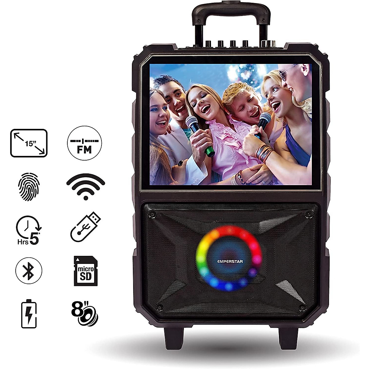Professional Karaoke Machine with Lyrics Display, Bluetooth Portable Singing PA Speaker System for Christmas Party, Built-in 15" Tablet, LED Lights, 2 Wireless Microphones, USB, AUX, SD & FM Radio
