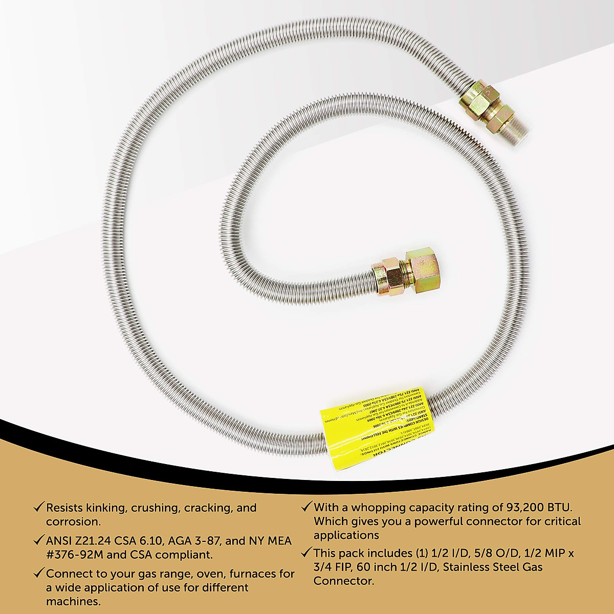 Appliance Pros 1/2 I/D, 5/8 O/D Gas Stove Flexible Hose Gas Line, Braided Stainless Steel, Fit Most Range and Grill Models 1/2 MIP x 3/4 FIP, 60 inch