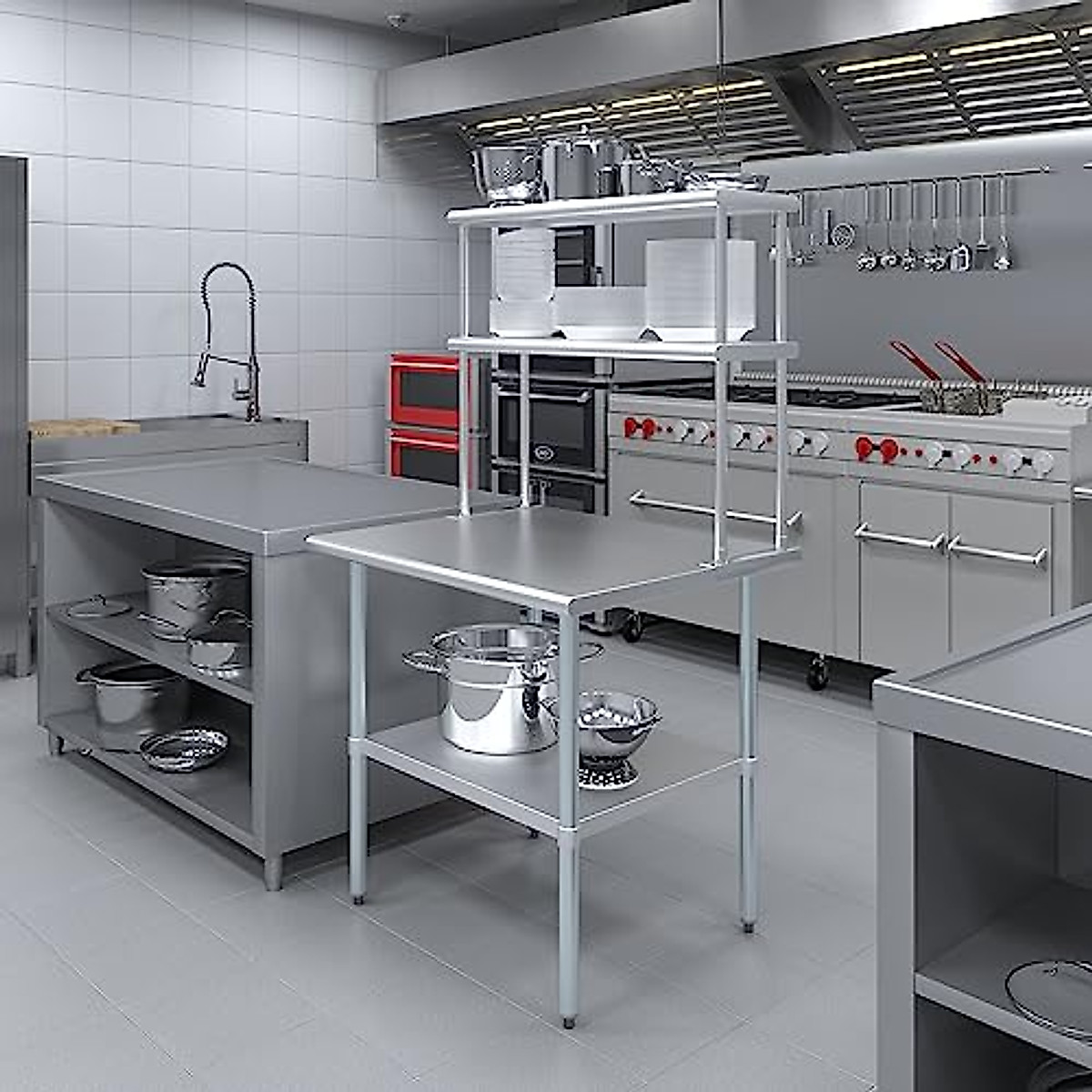 30" x 36" Stainless Steel Work Table with 12" Wide Double Tier Overshelf | Metal Kitchen Prep Table & Shelving Combo