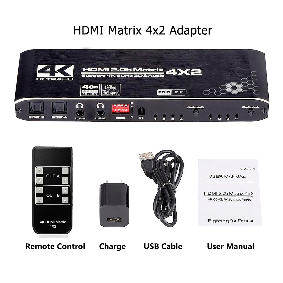 HDMI Matrix Switch 4x2, 4K HDMI Matrix Switcher Splitter 4 in 2 Out Box with EDID Extractor and IR Remote Control Support 4K HDR, HDMI 2.0b, HDCP 2.2, 4K@60Hz, 3D, 1080P