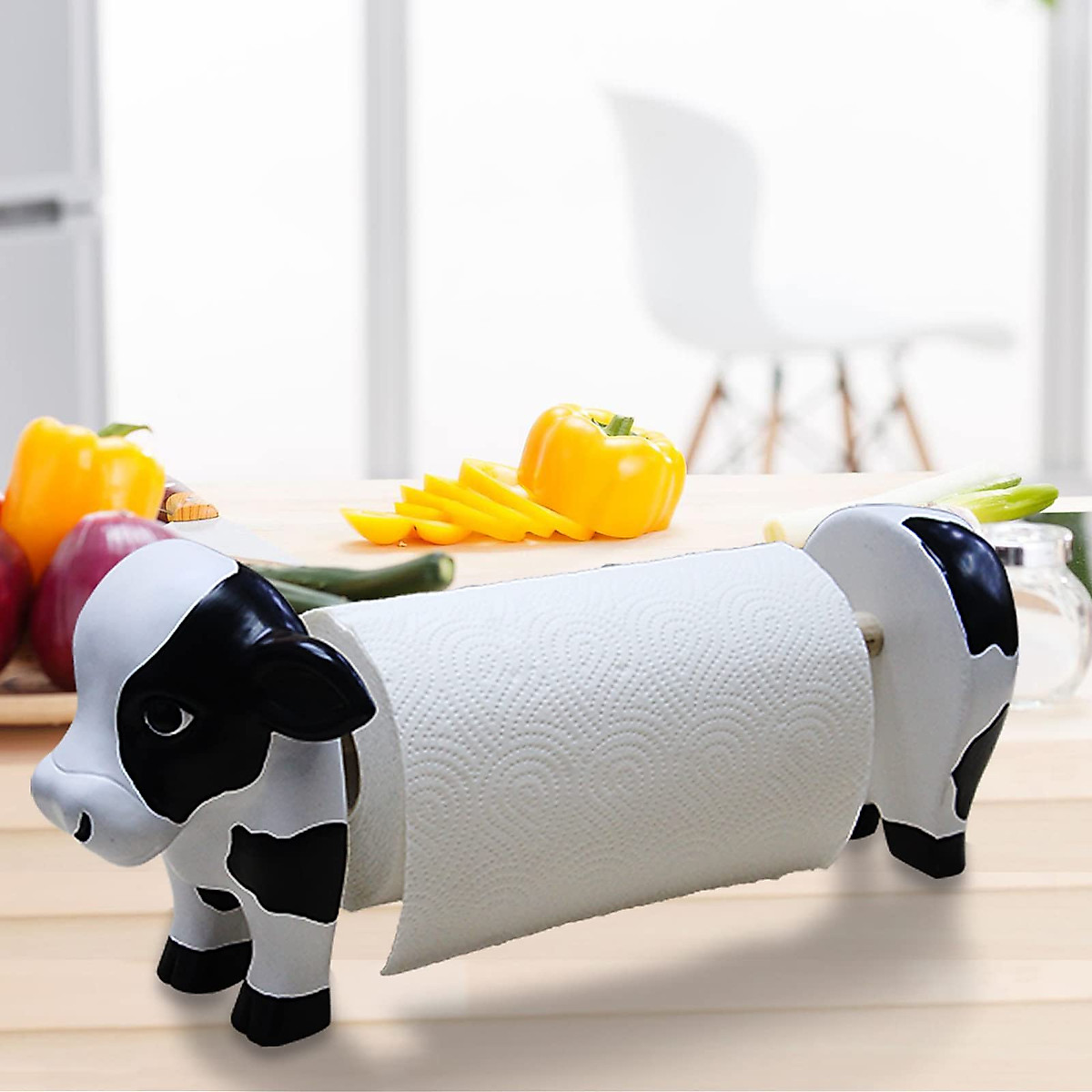 Wooden Paper Towel Holder Countertop Farmhouse Cow Design Paper Towel Roll Holder Stand Base Rustic Animal Paper Towel Organizer for Kitchen Living Room Bedroom Home Farmhouse Decoration