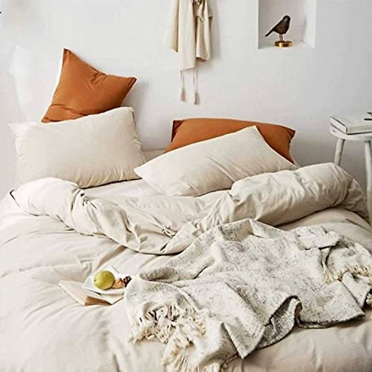 ETDIFFE Beige Duvet Cover Queen Size, Soft Boho Bedding Comforter Cover Set 3 Pieces with Zipper Closure, 1 Farmhouse Lightweight Microfiber Duvet Cover 90x90 inches and 2 Pillow Shams for Women Men