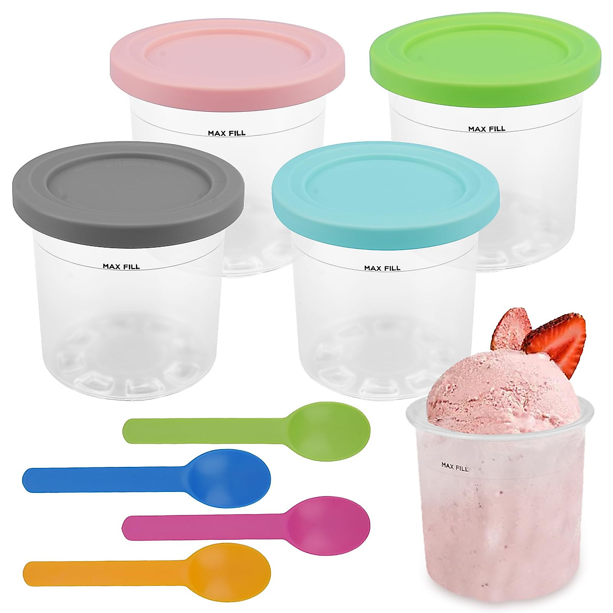 Ice Cream Pints Cup 4pcs Creami Pint Containers with Ice Cream Spoon Pint Containers Compatible fit ninj-a creami containers, creami pints for N C301 N C300 N C299AMZ Series(as shown)
