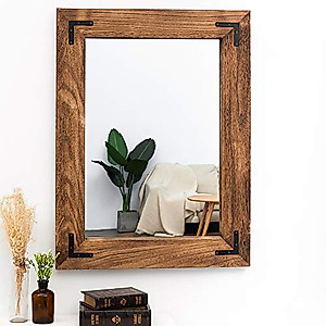 YOSHOOT Rustic Wooden Framed Wall Mirror, Natural Wood Bathroom Vanity Mirror for Farmhouse Decor, Vertical or Horizontal Hanging, 32" x 24", Brown