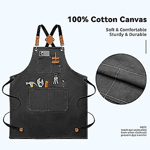 Bluegogo Chef Aprons for Men Women, Cotton Canvas Cross Back Adjustable Apron with Large Pockets for Kitchen Garden Salon (Black)