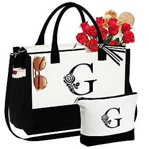 YOOLIFE Retirement Gifts for Women - Initial G Monogrammed Beach Tote Bag with Zipper Makeup Bag Personalized Birthday Gifts Women Her Mom Teacher Friends Female Sister Bridal Shower Bridesmaid Gifts